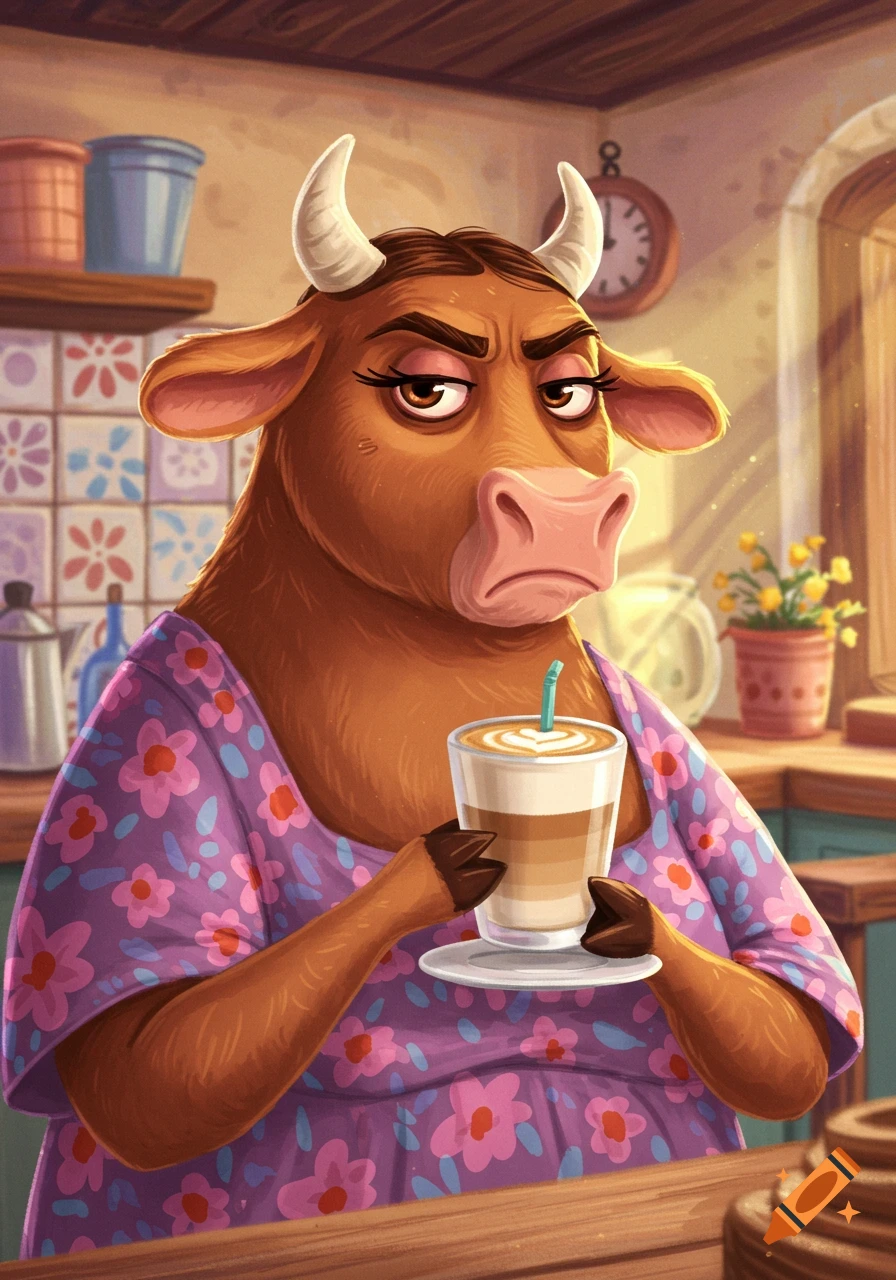 Cartoon of a grumpy cow in a floral dress holding a latte in a kitchen. on Craiyon
