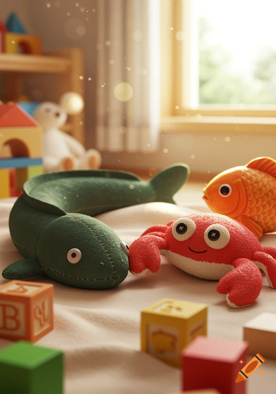 Stuffed animal eel, crab, and fish with letter blocks in a sunlit room ...