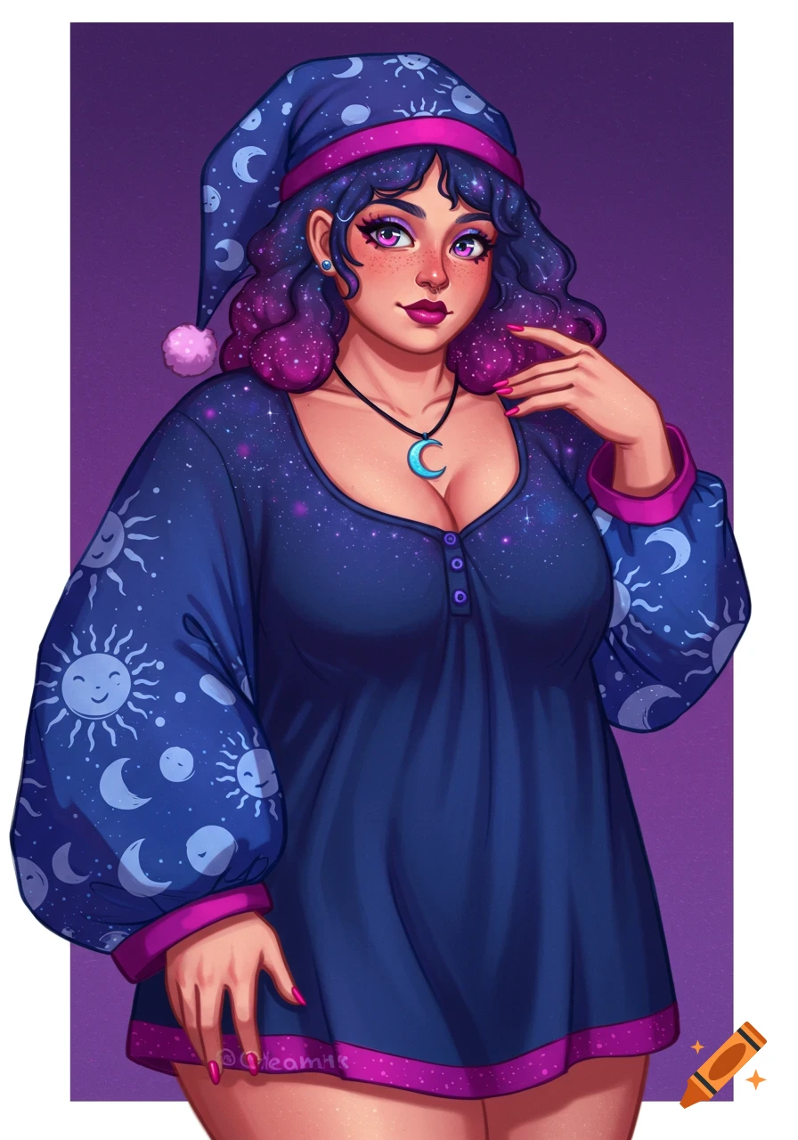 Illustration of a woman in a blue nightgown and cap with celestial patterns and galaxy-effect ...