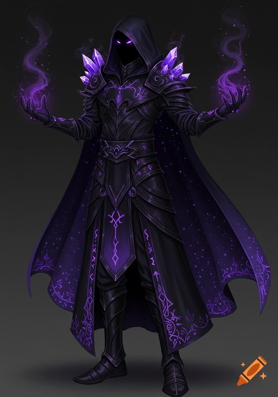 Full shot of an armored mage in black and purple robes, glowing purple ...