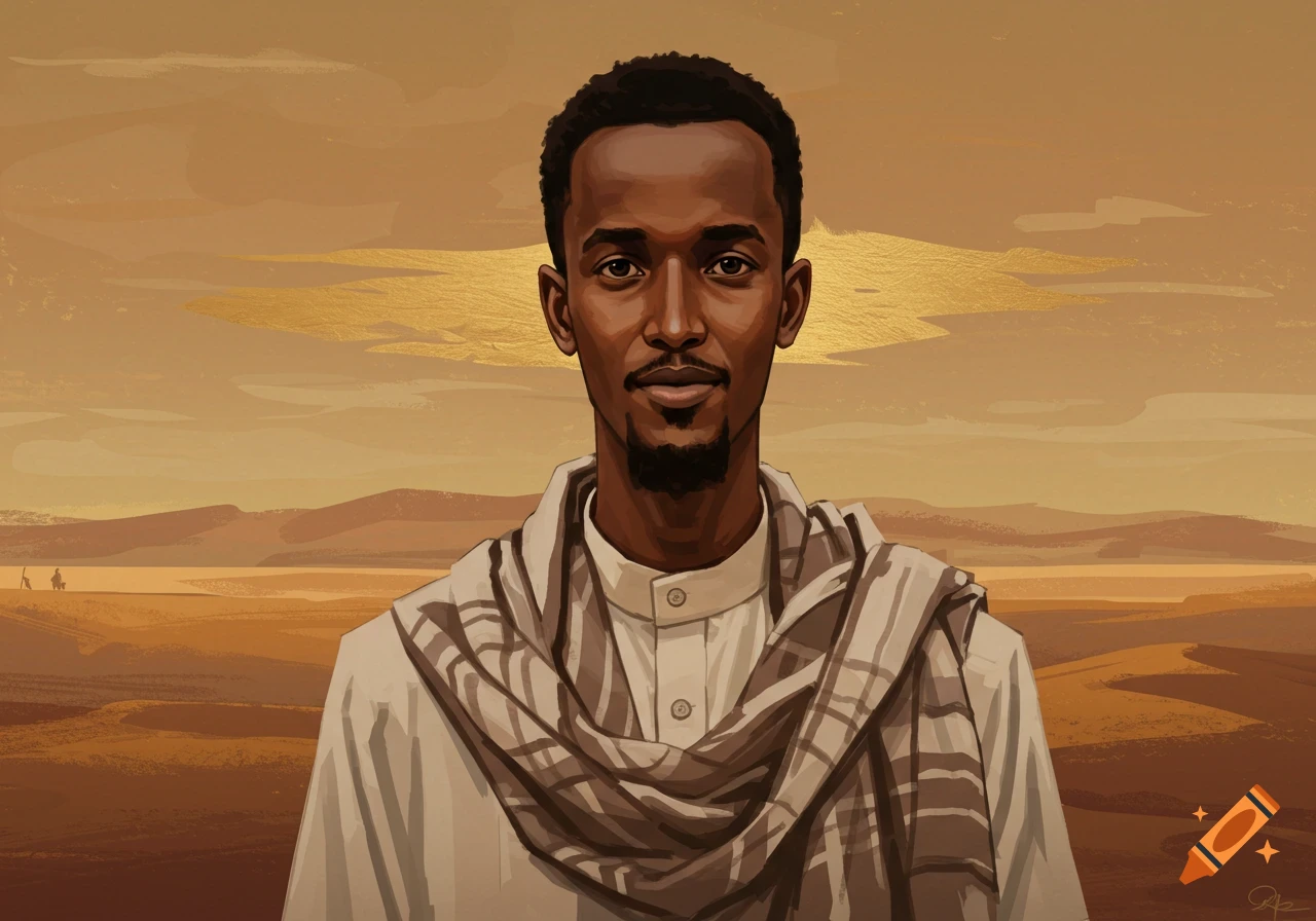 Illustration of a man wearing a scarf in a desert landscape. on Craiyon