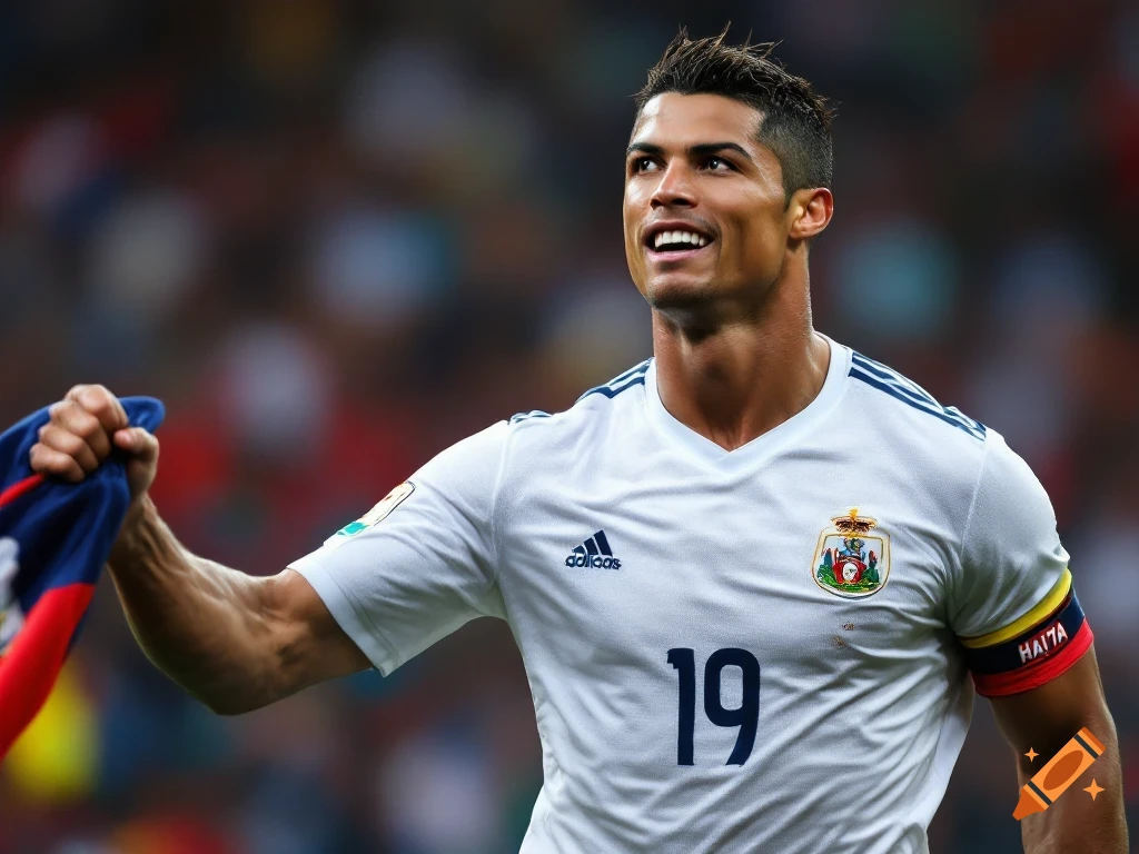 Close-up portrait of a smiling football player resembling Cristiano ...