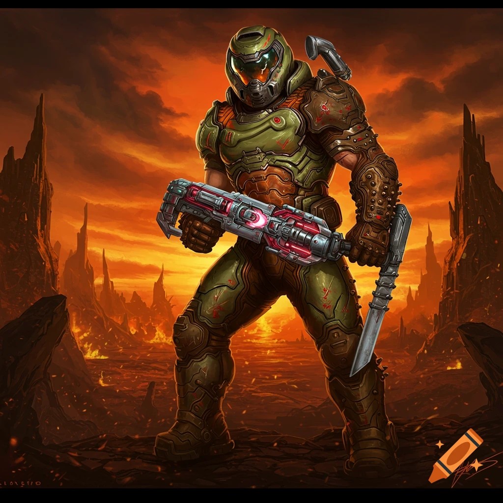 Doom Slayer in combat armor holds a weapon and blade in a fiery ...