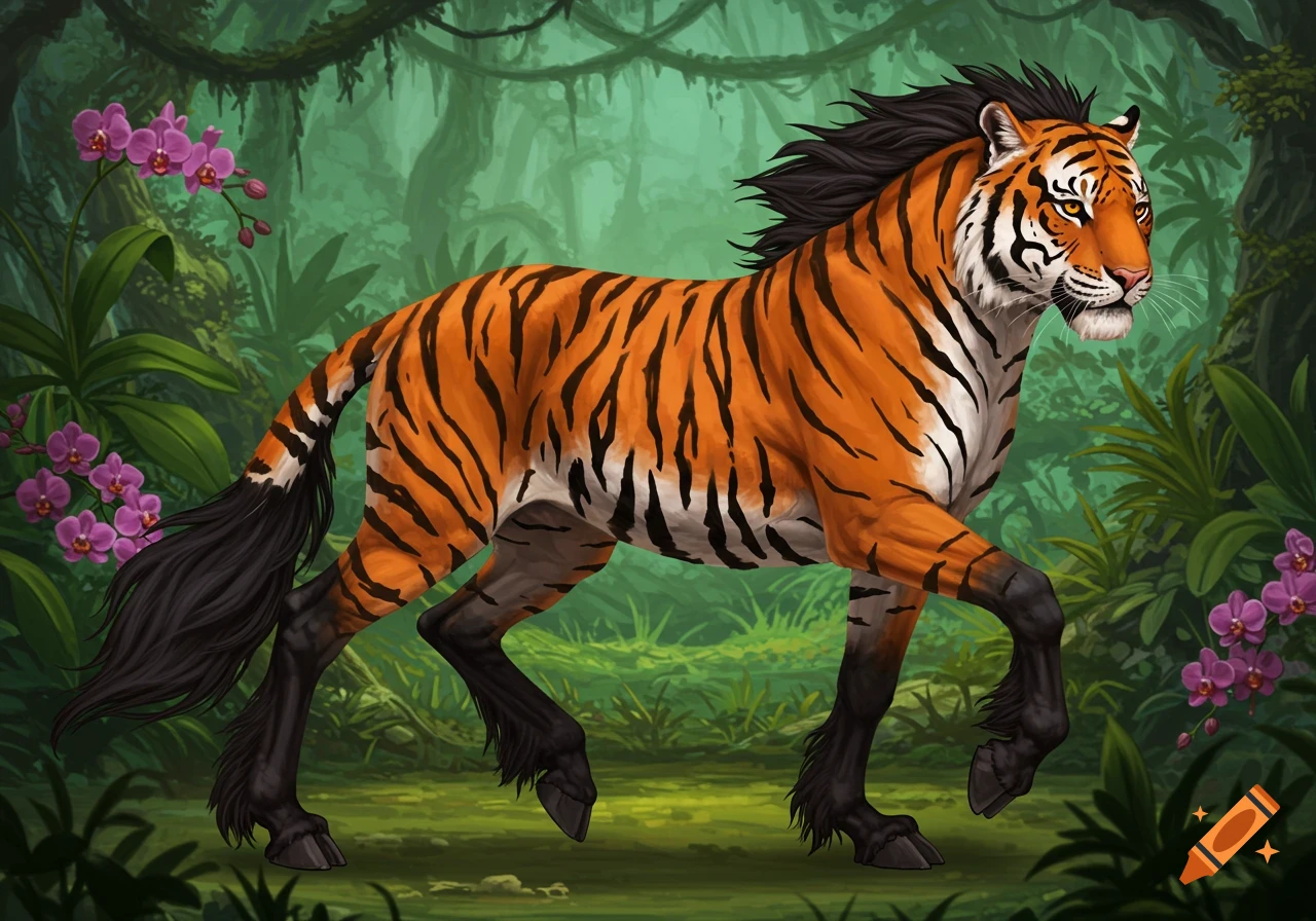 A fantasy creature, a tiger-horse hybrid, runs through a lush jungle ...