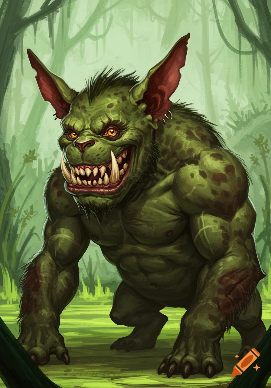 A green fantasy creature with large ears and sharp teeth stands in a ...