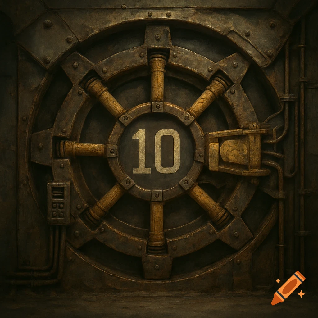 A large, rusty industrial vault door with the number 10 in the center, in the style of Fallout ...