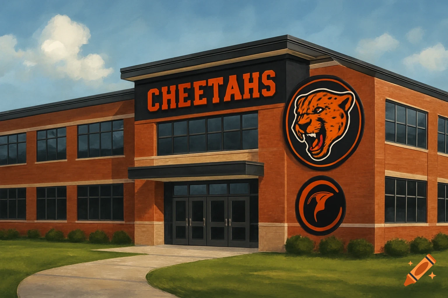 A modern brick school building with CHEETAHS text and a cheetah head ...