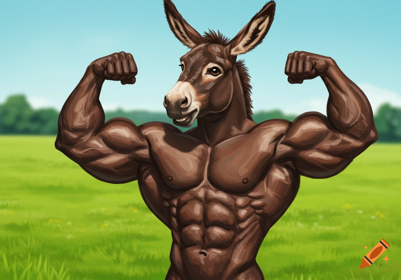 A muscular donkey flexing its biceps in a sunny field. on Craiyon