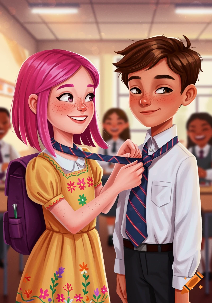 Illustration of a girl tying a boy's school tie in a classroom. on Craiyon