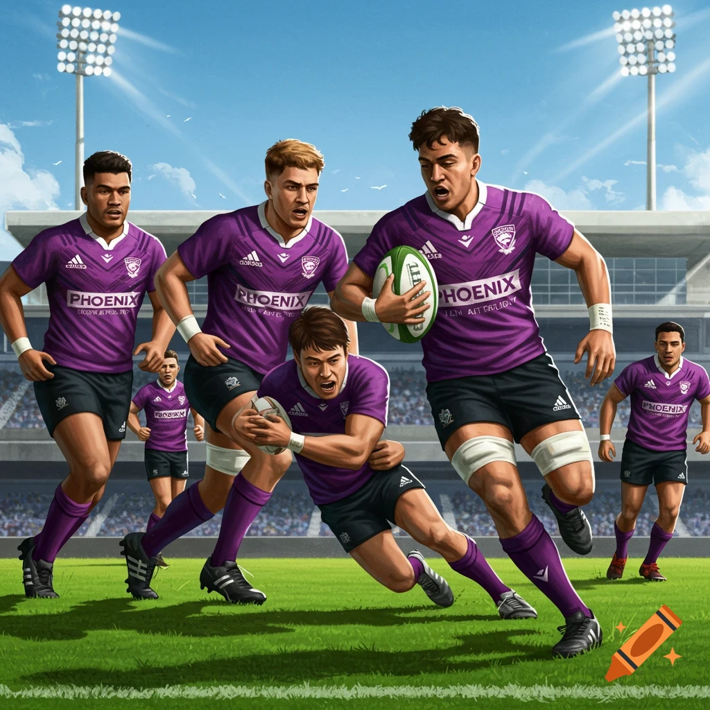 Rugby players in purple jerseys running on a field during a game in a ...