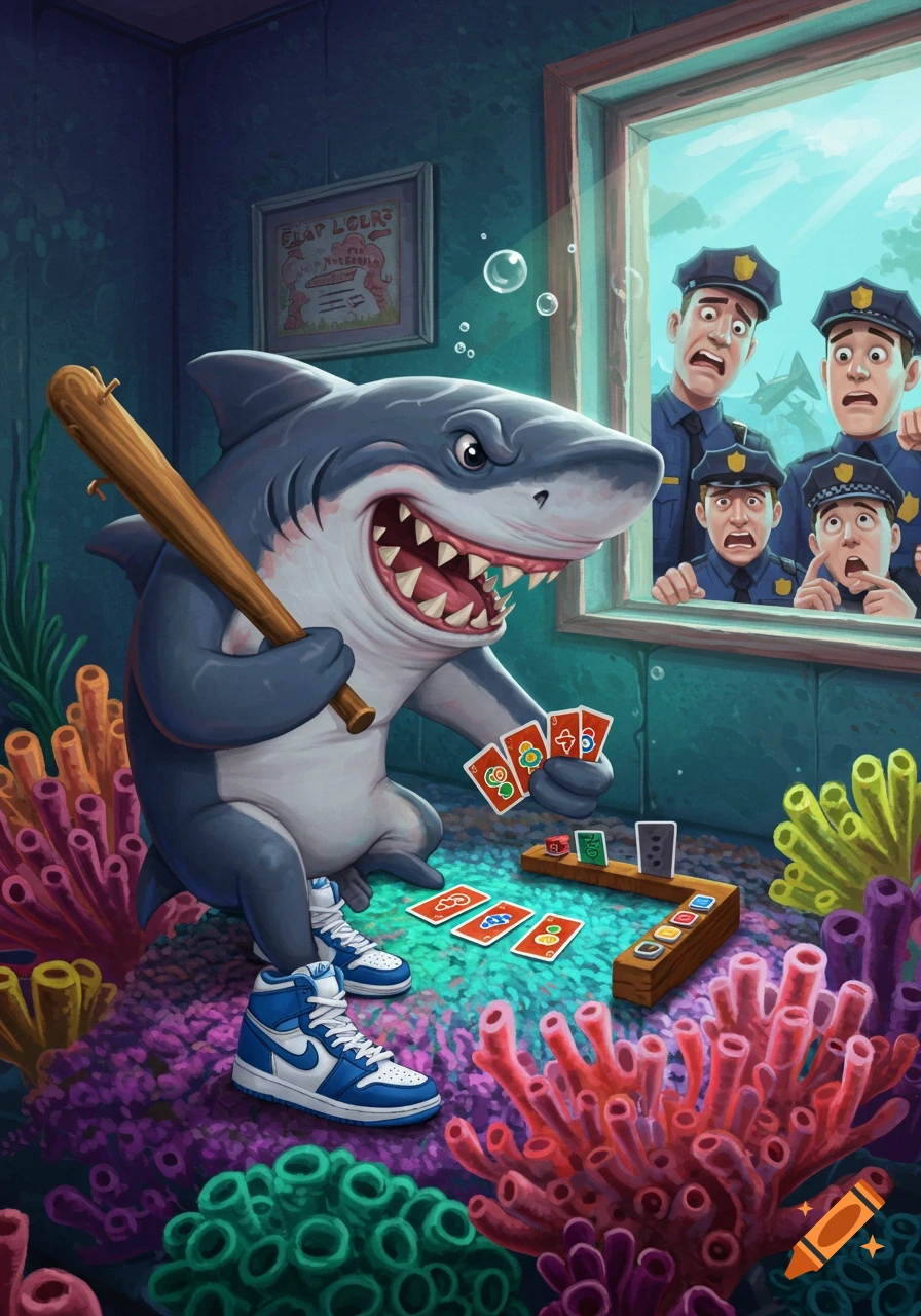 Cartoon shark in sneakers and bat plays game as police watch from ...