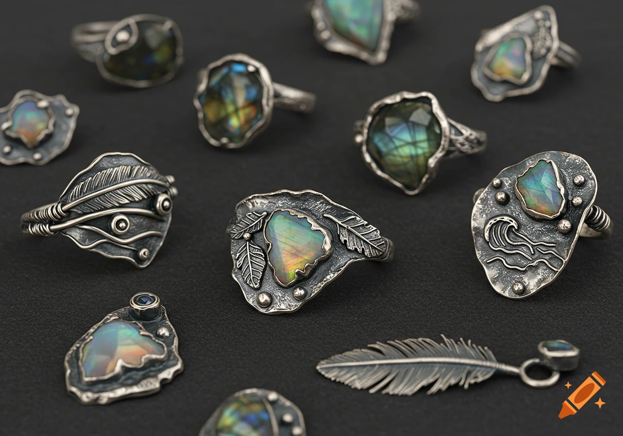 Collection of artisan silver rings and a pendant with opal and ...