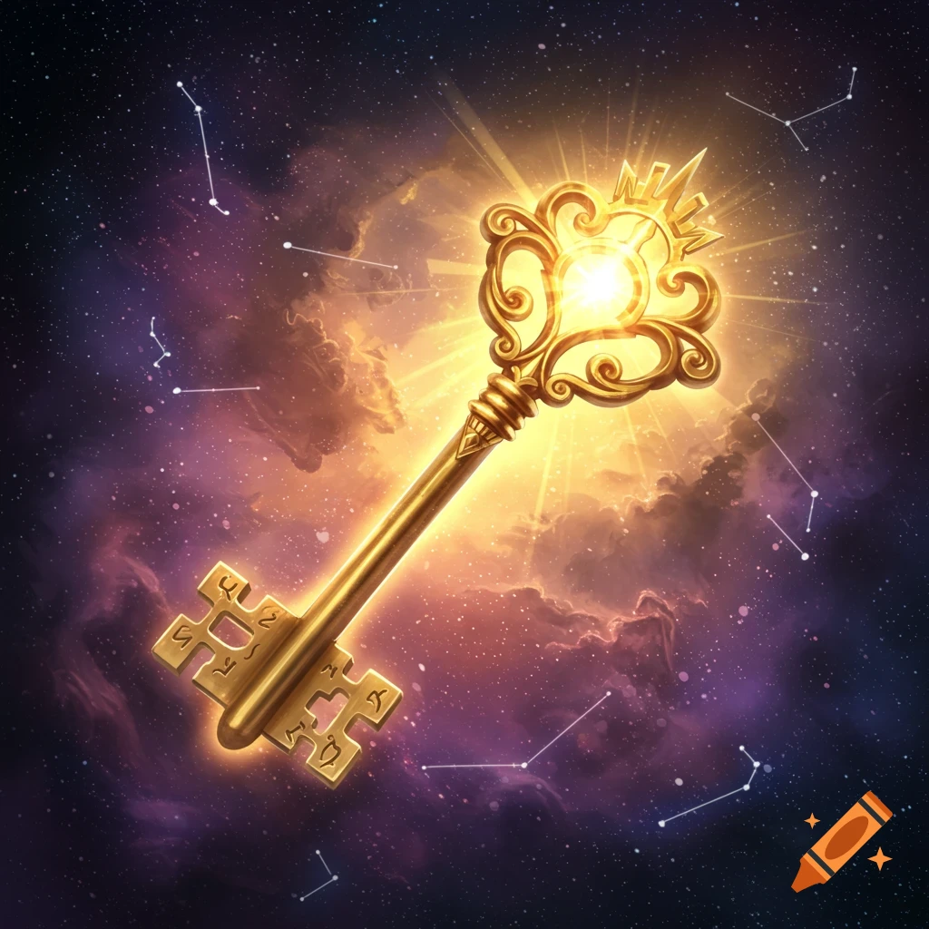 A glowing golden key floats in a cosmic sky with clouds and ...