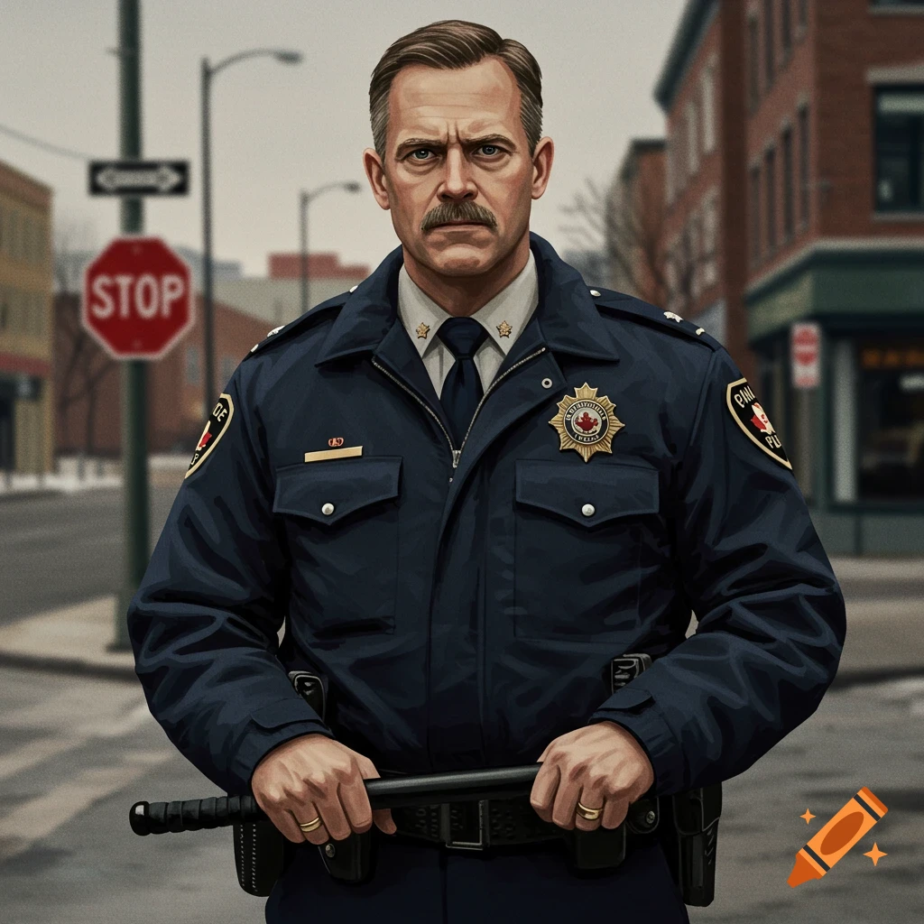 Portrait of a police officer standing with a bat in a city street. on ...