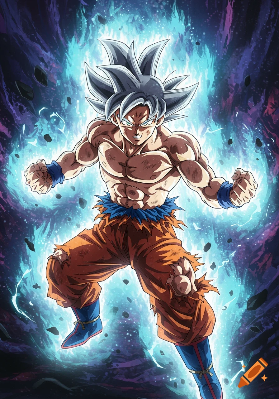 Anime illustration of Goku in Ultra Instinct form surrounded by blue ...