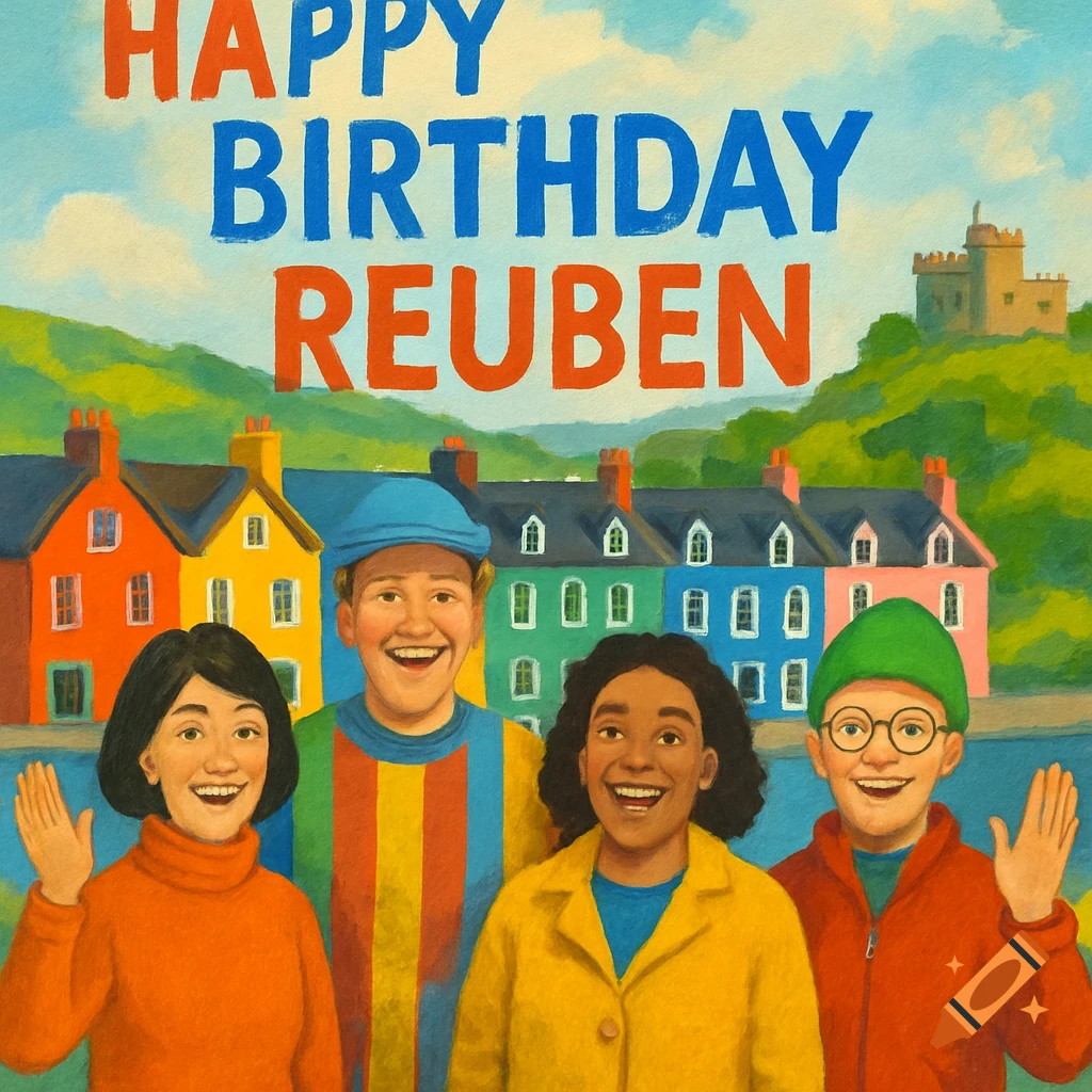 Illustration of four happy people in front of colorful houses and a ...