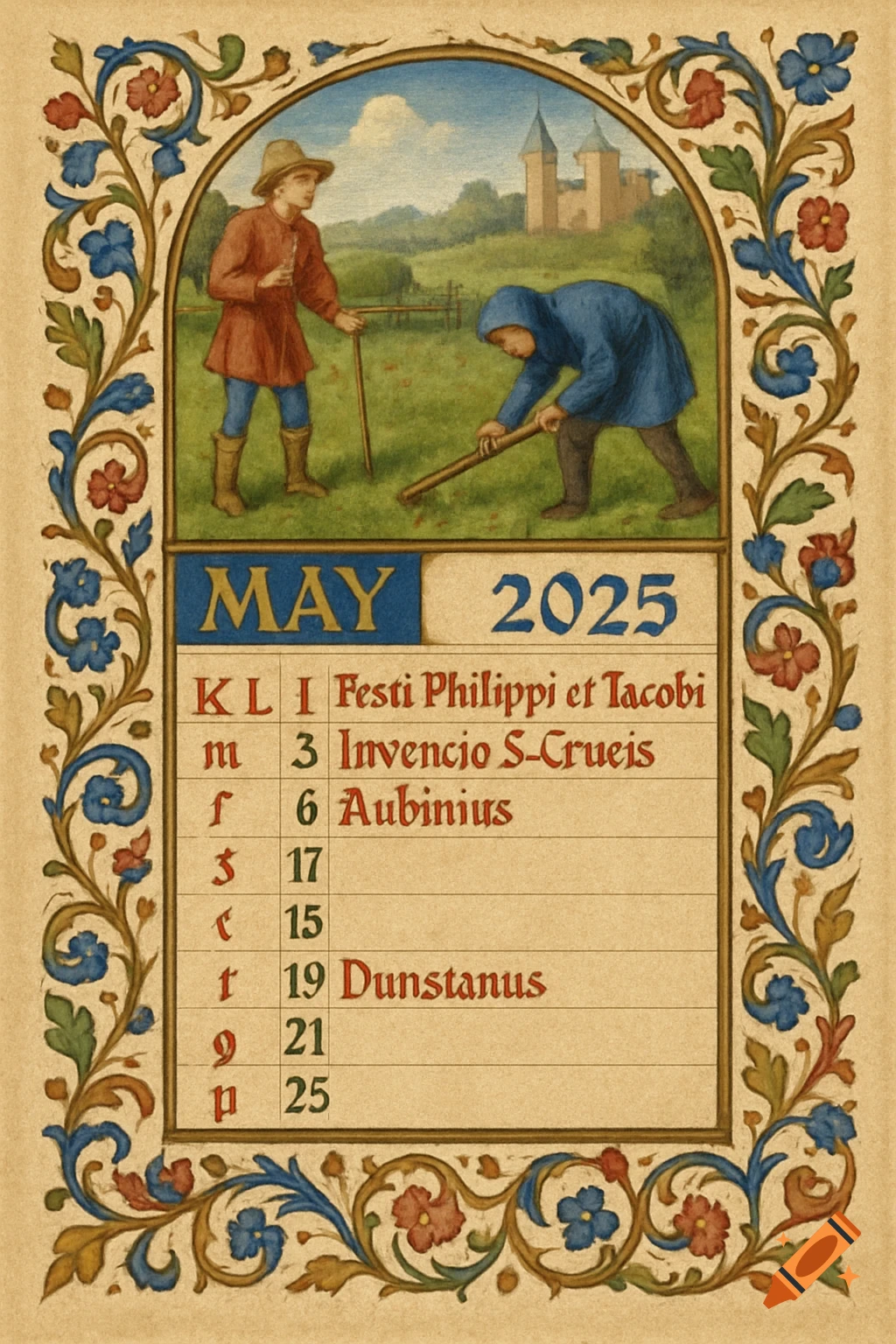 Medieval illuminated calendar page for May 2025 with figures in a field ...