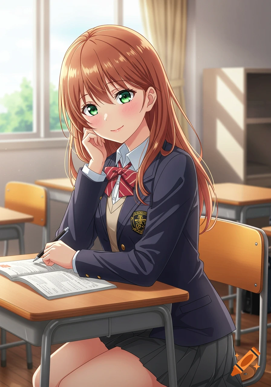 Anime girl in school uniform sitting at desk with book in classroom. on ...