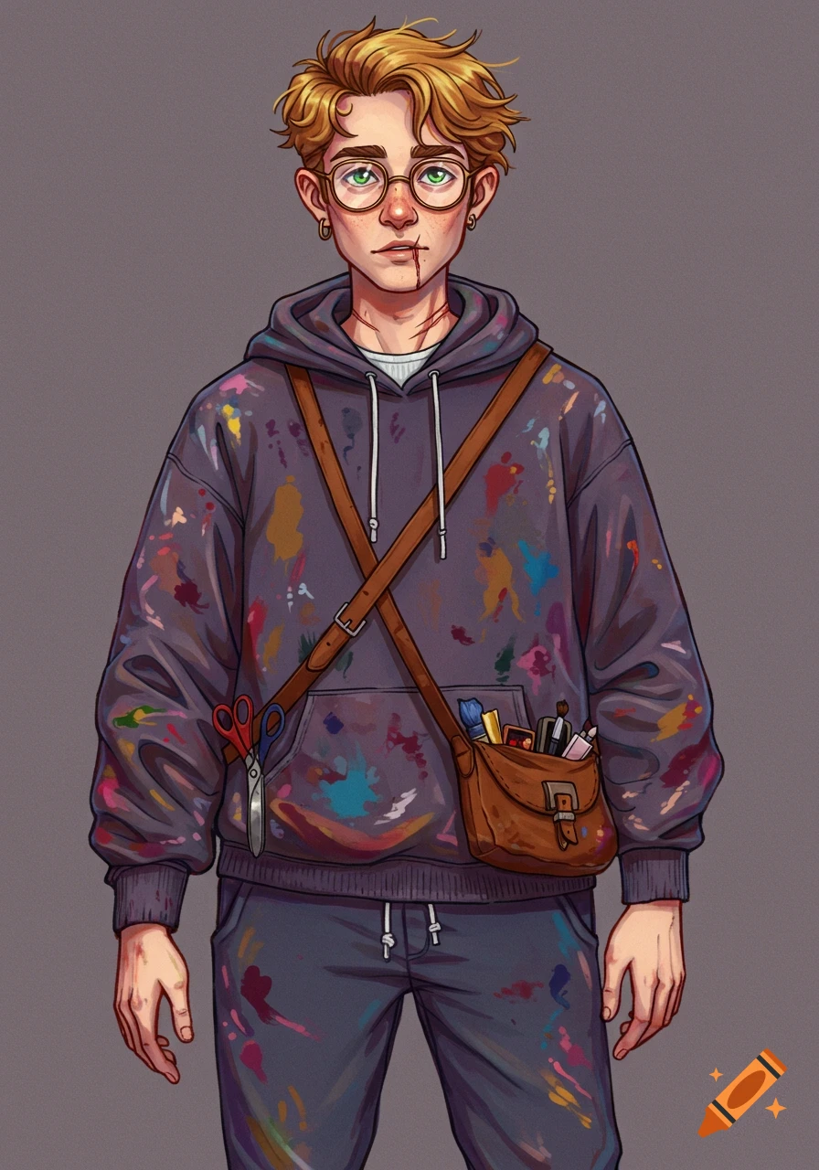 Illustration of a young person with glasses and paint-splattered ...