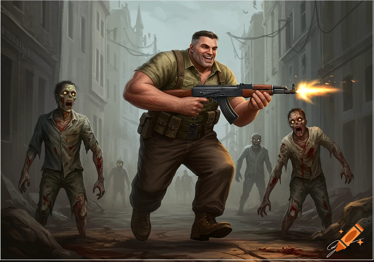 Muscular man firing rifle at attacking zombies in ruined city street ...