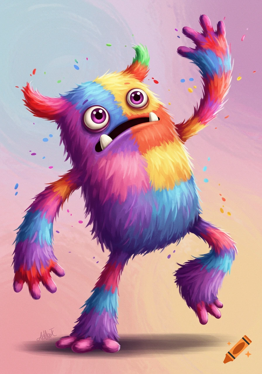 A colorful, fluffy monster with big eyes and horns stands with one arm ...