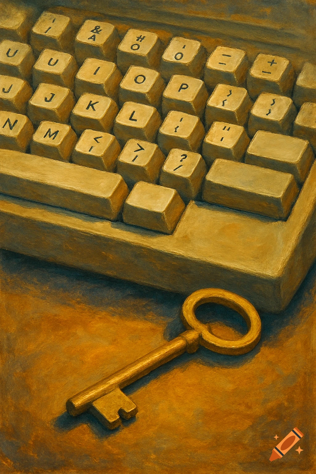 Close-up painterly view of a golden computer keyboard and a key. on Craiyon