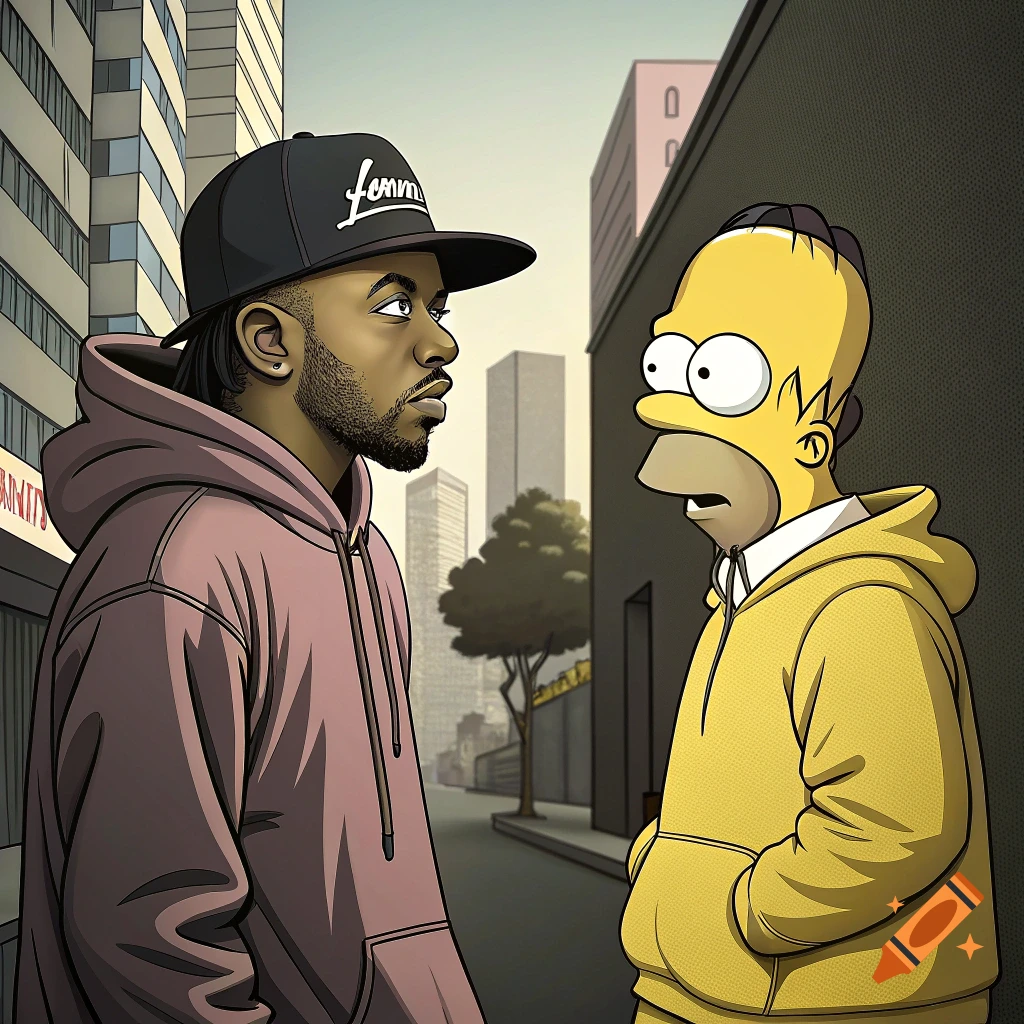 Cartoon style illustration of Kendrick Lamar and Homer Simpson standing ...