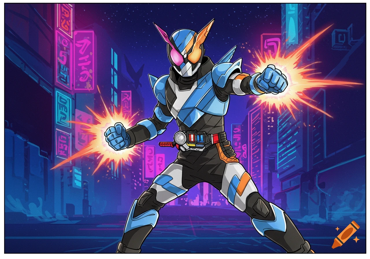 Kamen Rider Build stands ready in a city with glowing neon signs. on ...