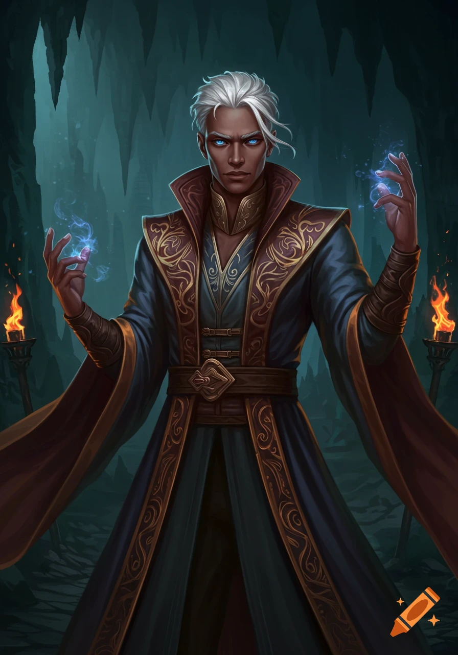 A dark-skinned wizard with white hair and blue eyes stands in a cave ...