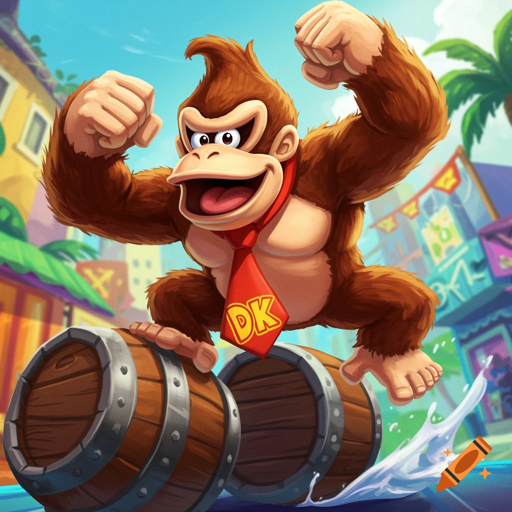 Donkey Kong jumping on barrels over water in a colorful, vibrant street ...