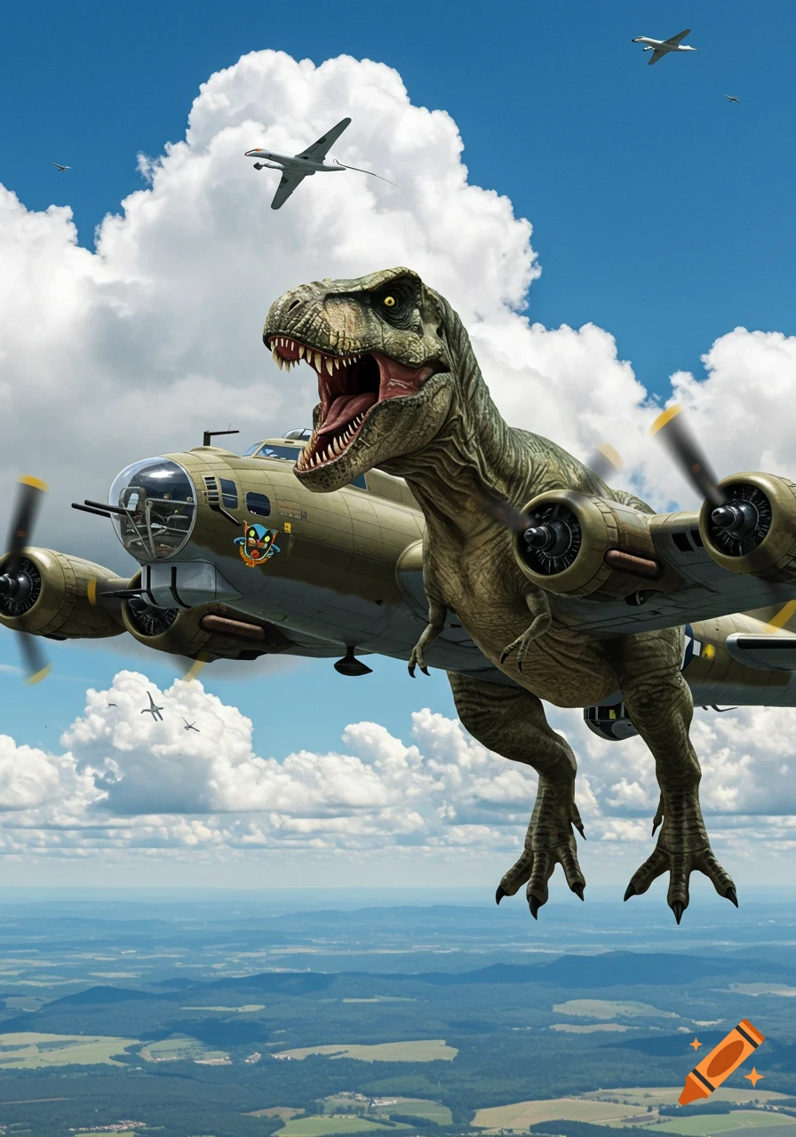 A Tyrannosaurus Rex stands on the wing of a B-17 bomber plane flying ...
