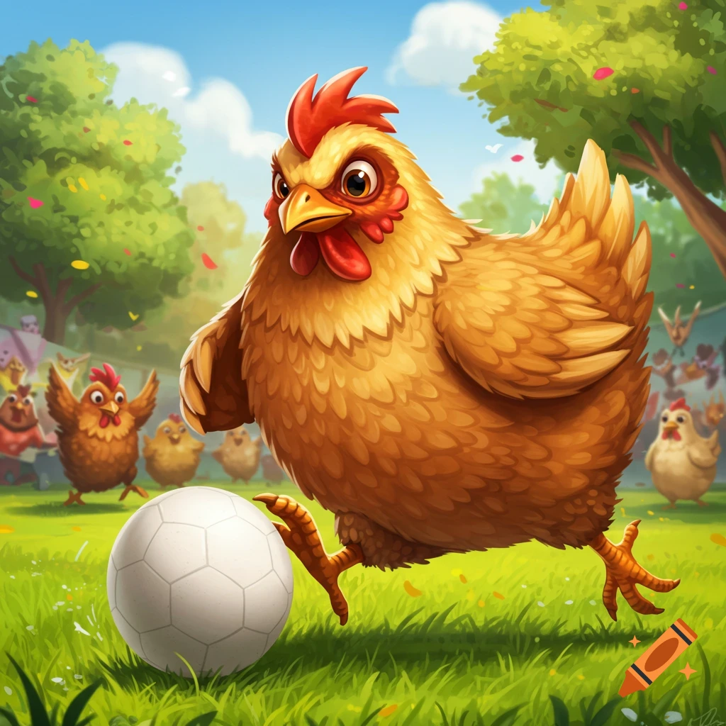 Cartoon chicken playing soccer on a grassy field with other chickens ...