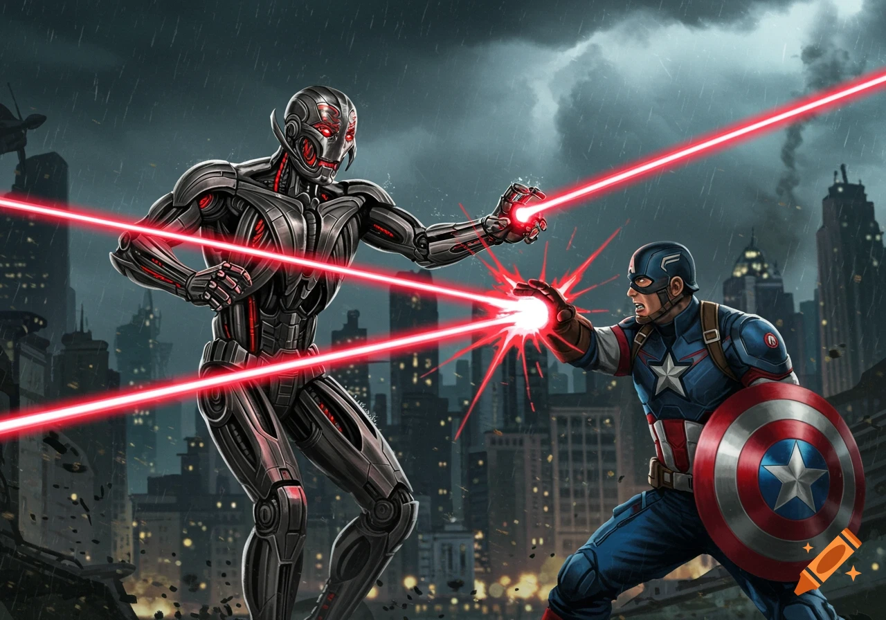 Ultron battles Captain America, firing lasers deflected by his shield ...