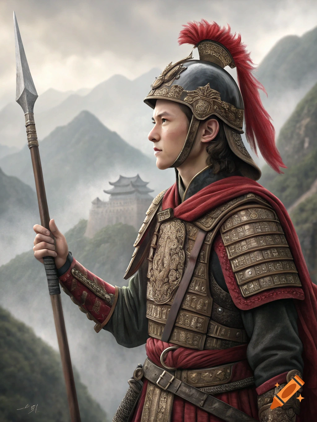 Person in ancient Chinese armor holding a spear, standing in mountains ...