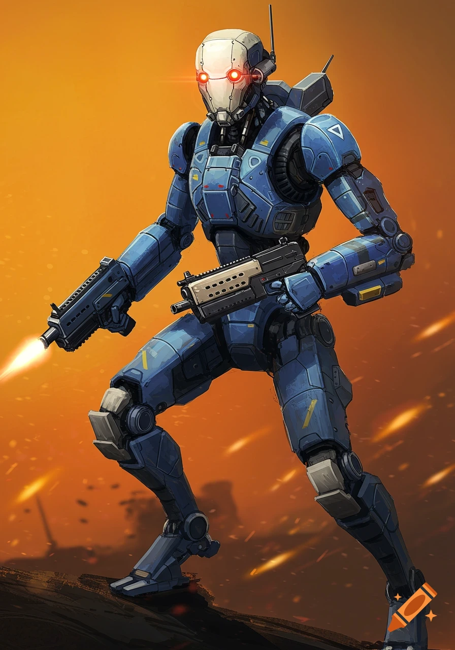 Blue combat robot with glowing red eyes holds two guns, one firing ...