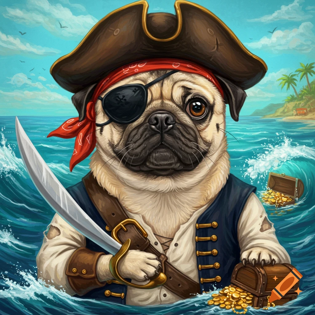 A cartoon illustration of a pug dog dressed as a pirate holding a sword ...
