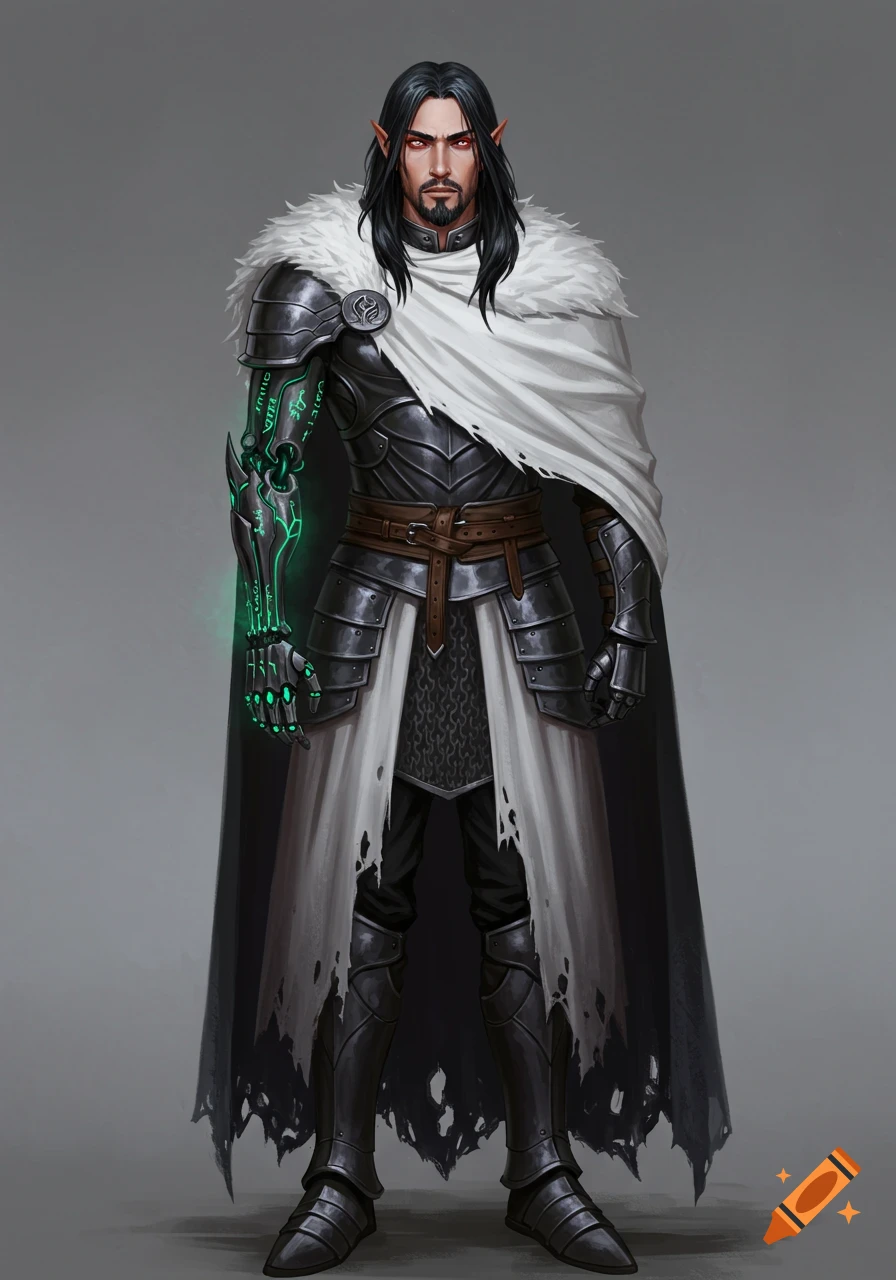 Full body illustration of a fantasy elven man in dark armor and a white ...