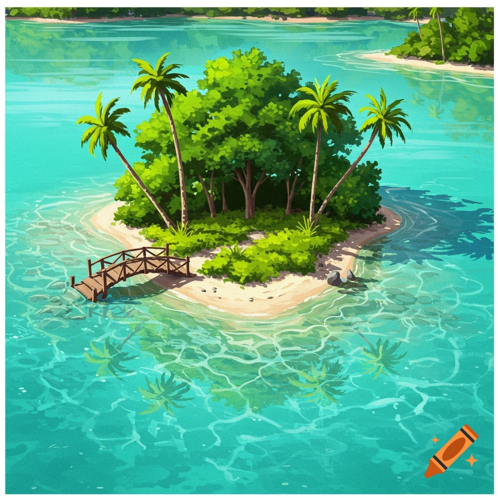 Stylized illustration of a tropical island with palm trees, beach ...