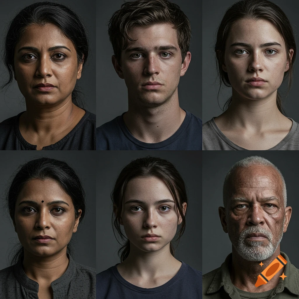 Grid of six photorealistic headshots showing diverse characters with ...