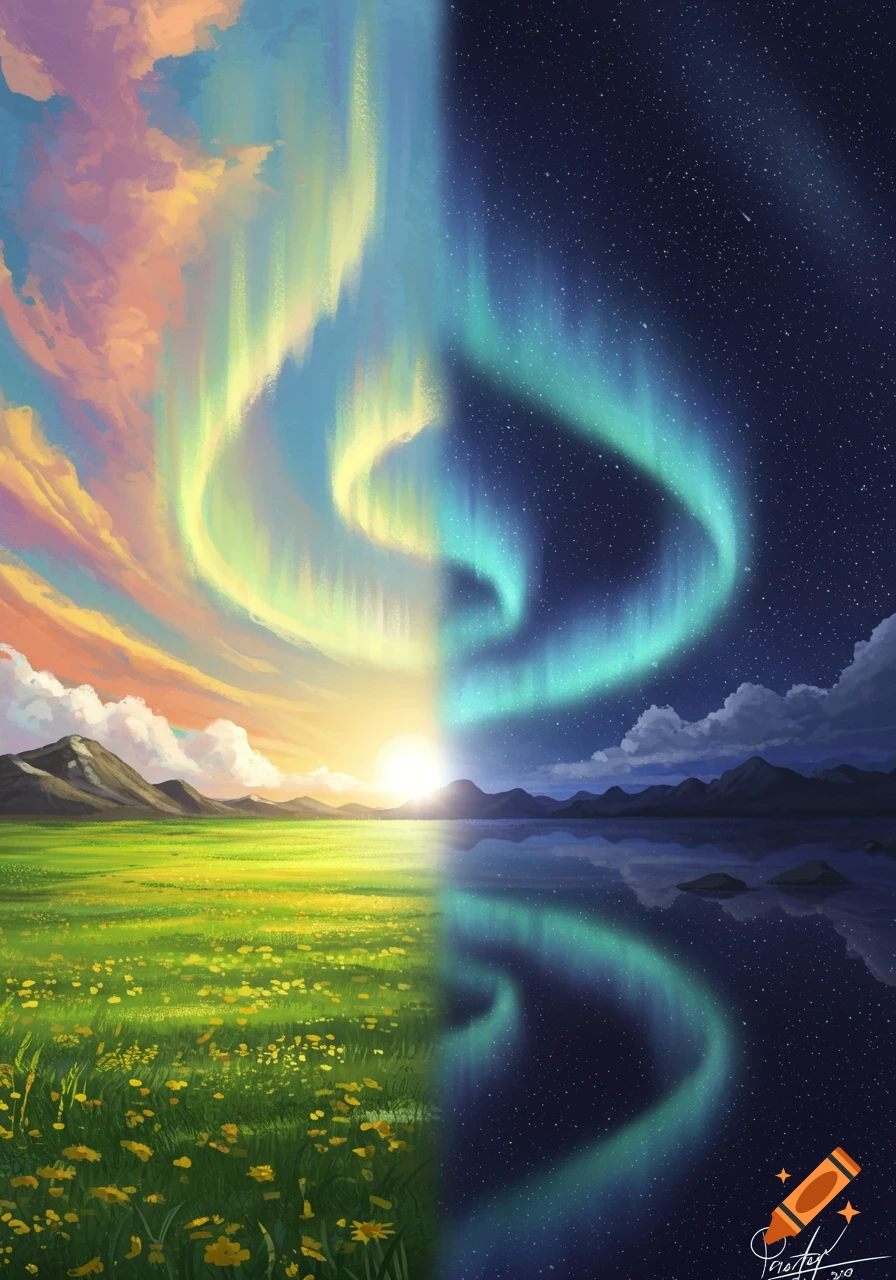 Painting of a landscape split between day and night with glowing ...