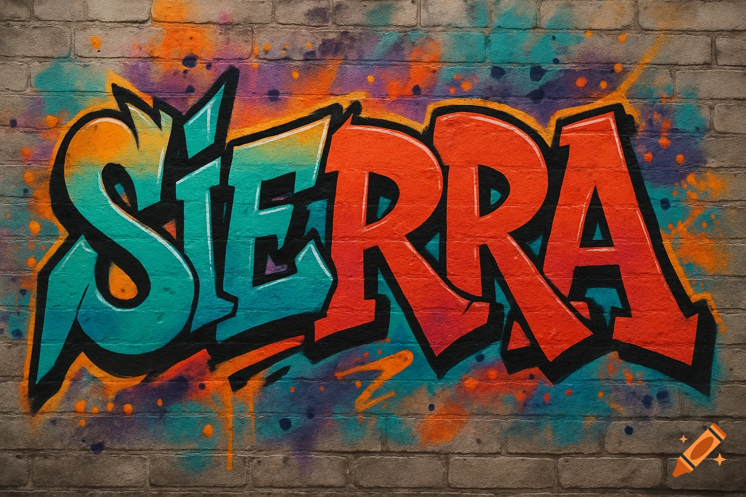 Colorful graffiti art spelling "SIERRA" on a brick wall. on Craiyon