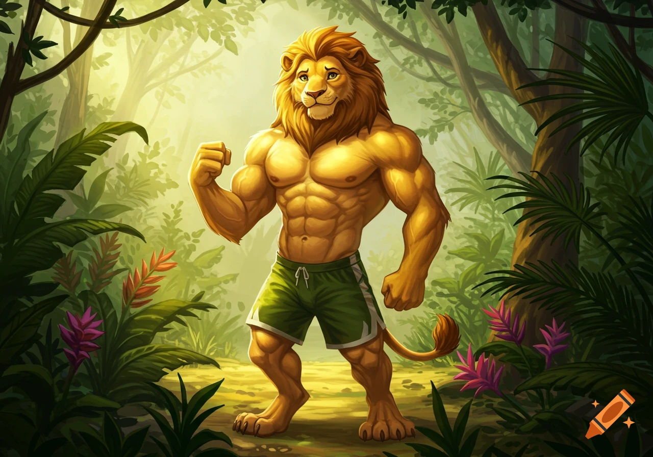 A muscular anthropomorphic lion flexing in a jungle scene. on Craiyon
