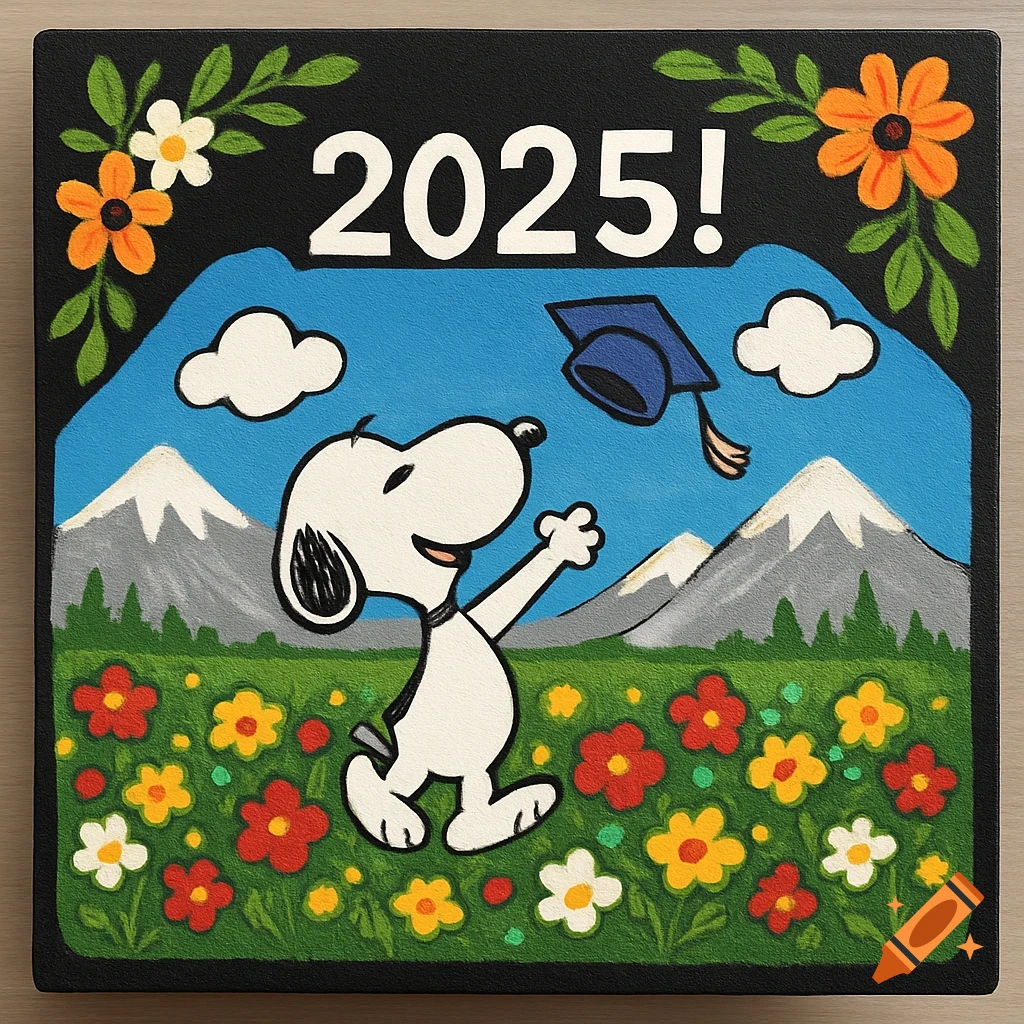 Cartoon of Snoopy throwing a graduation cap in a flower field, with ...