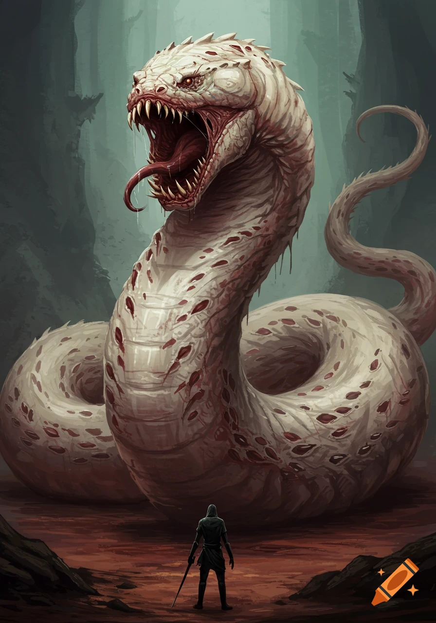 A small figure stands before a towering, monstrous white snake with red ...