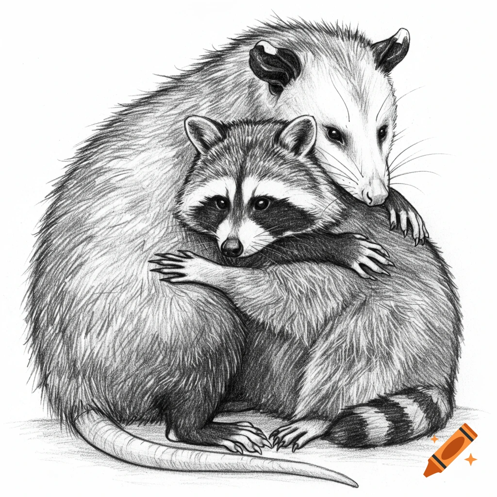 Pencil drawing of a possum hugging a raccoon. on Craiyon