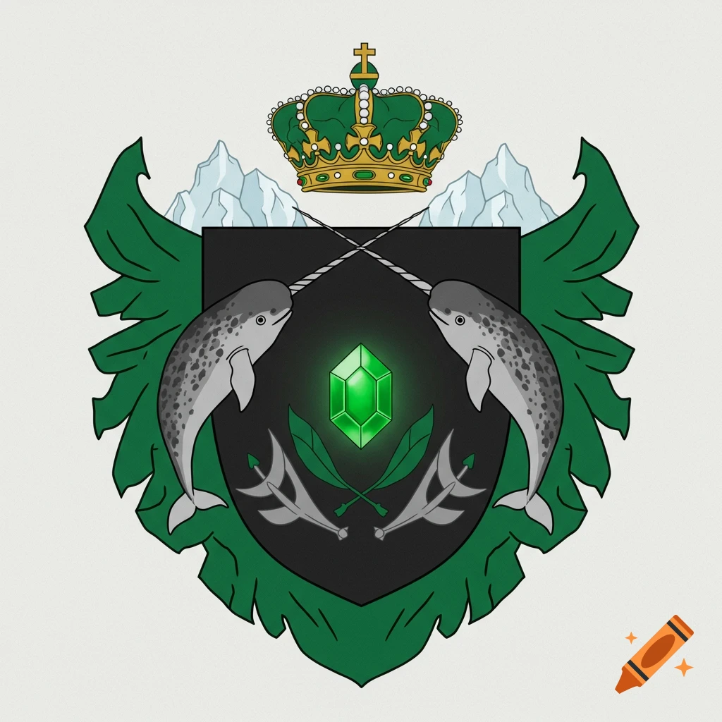 Coat of arms with two narwhals, green gem, crown, and stylized green ...