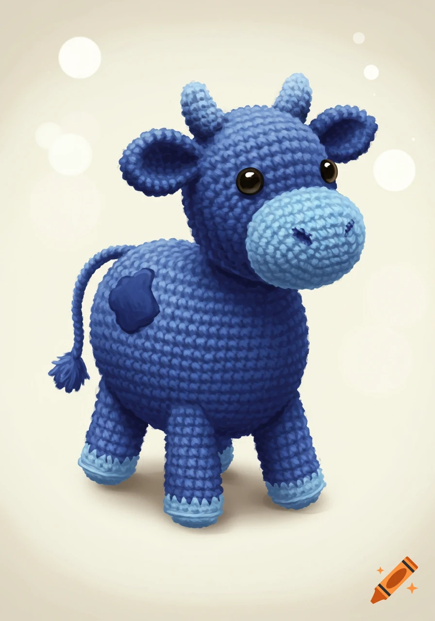 A close-up illustration of a blue crocheted cow toy. on Craiyon