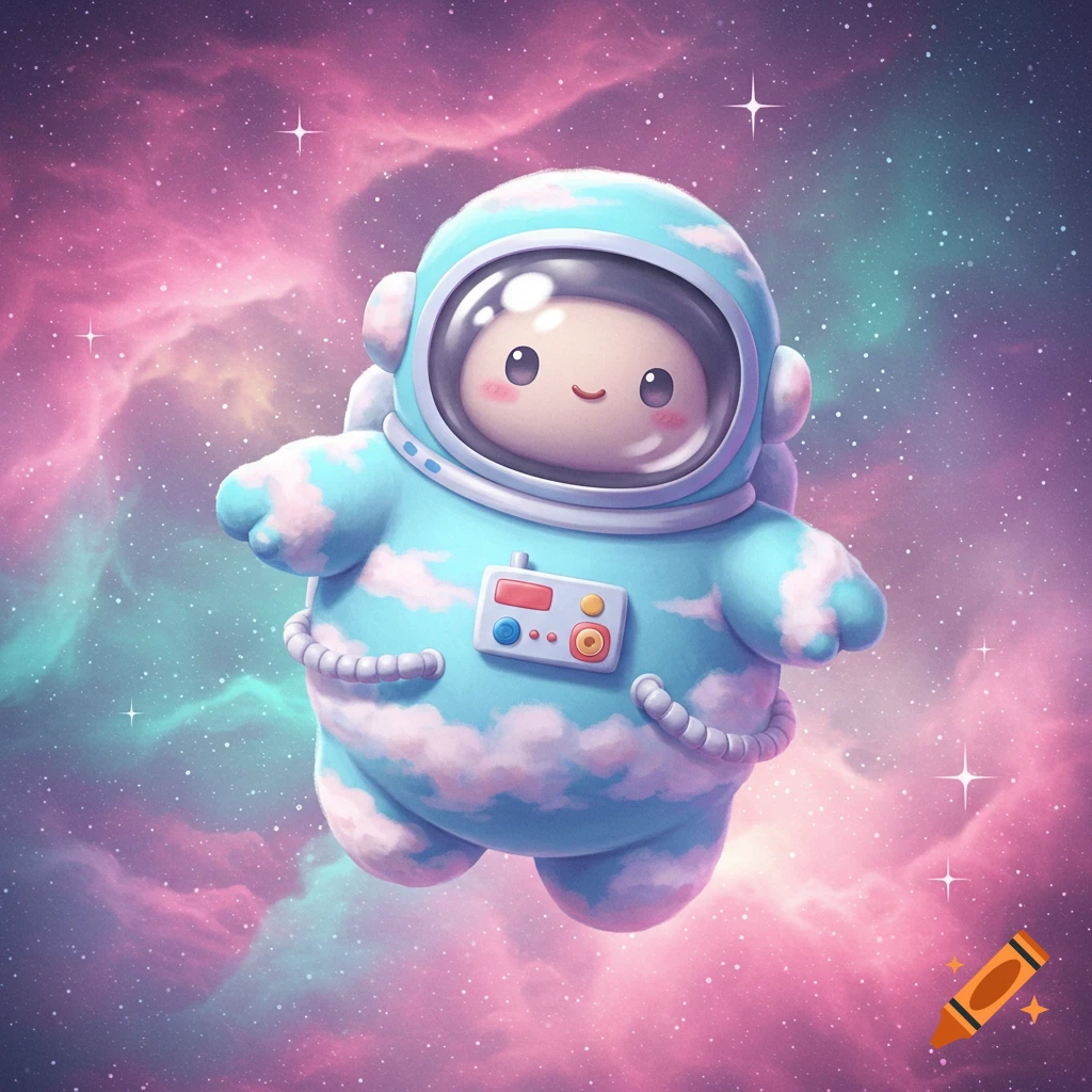 A soft, round, cute astronaut floats in a pastel pink and purple nebula ...