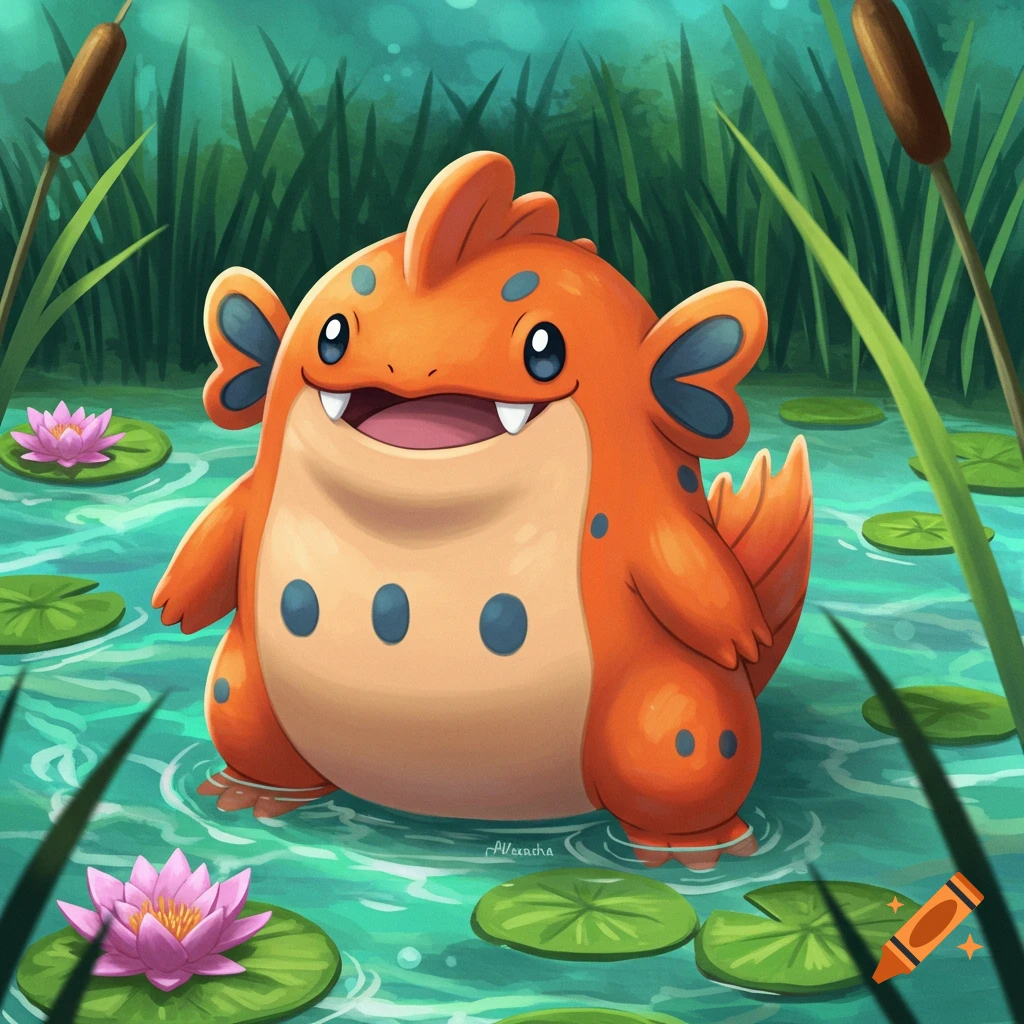 An orange creature resembling a pokemon stands in a pond with lily pads ...