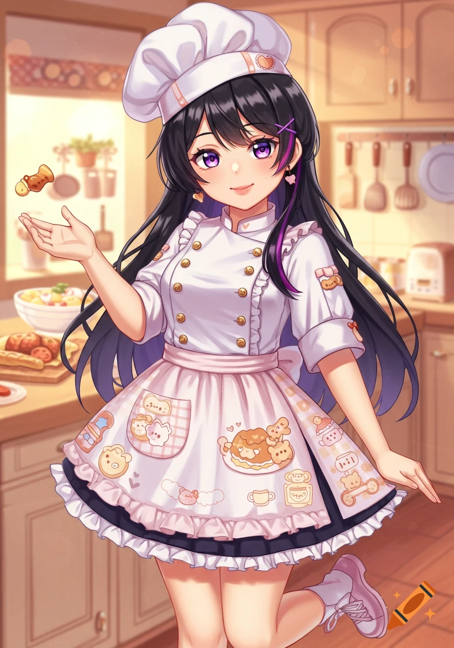Anime chef woman with black hair and purple streak holding a pastry in ...